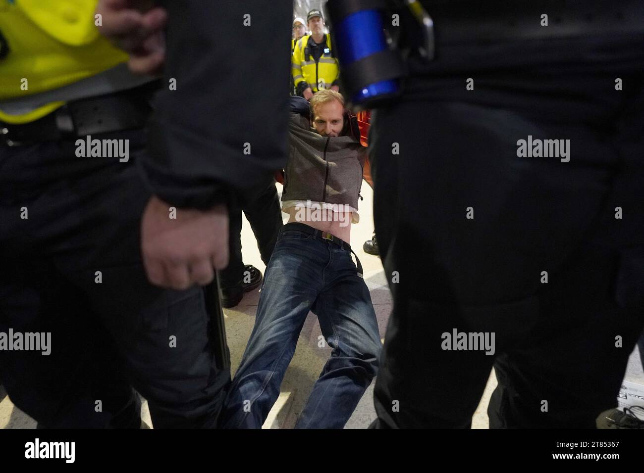 Police offiers detain a pro-Palestinian protester who took part in a ...