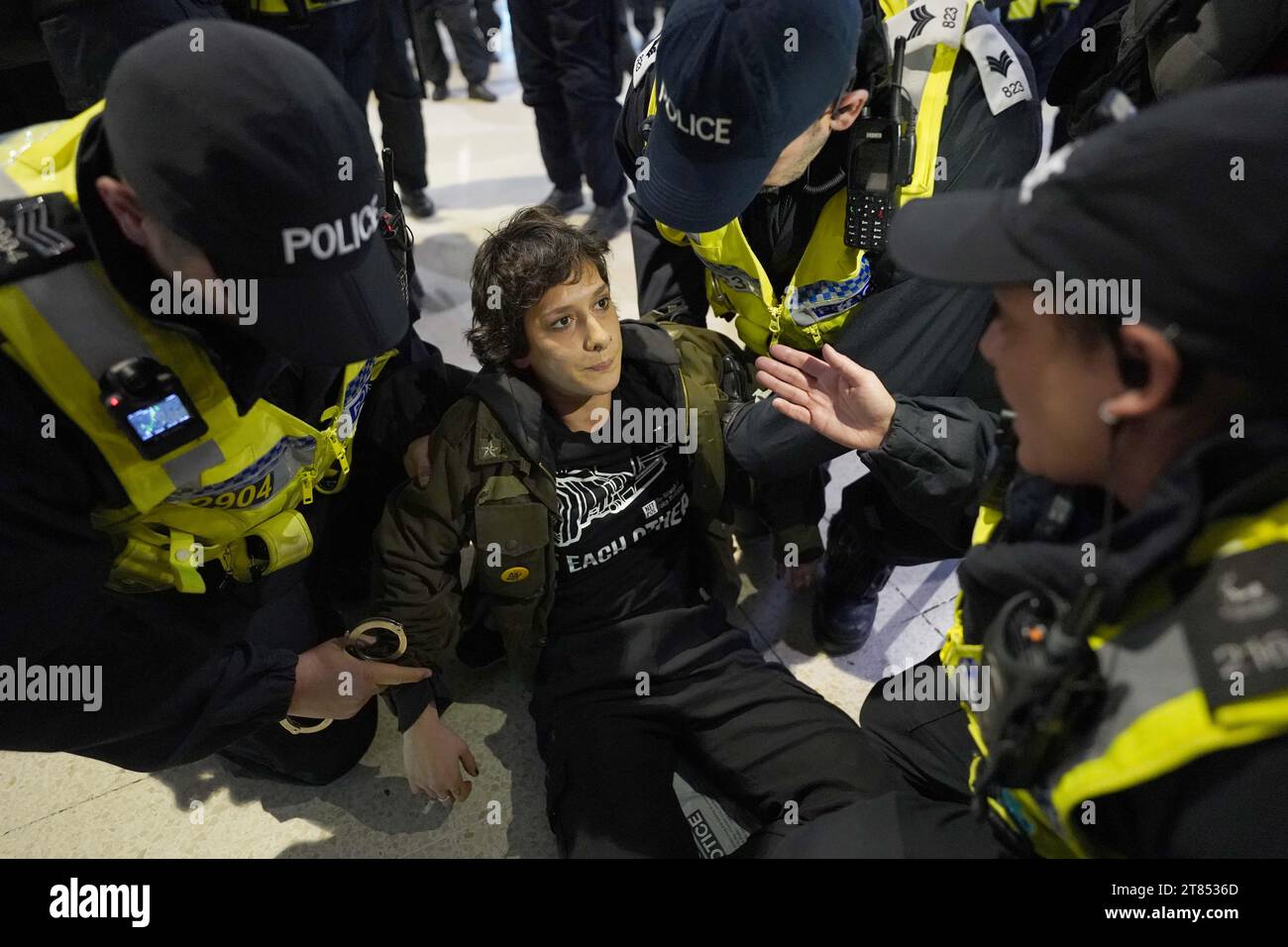 Police offiers detain a pro-Palestinian protester who took part in a ...