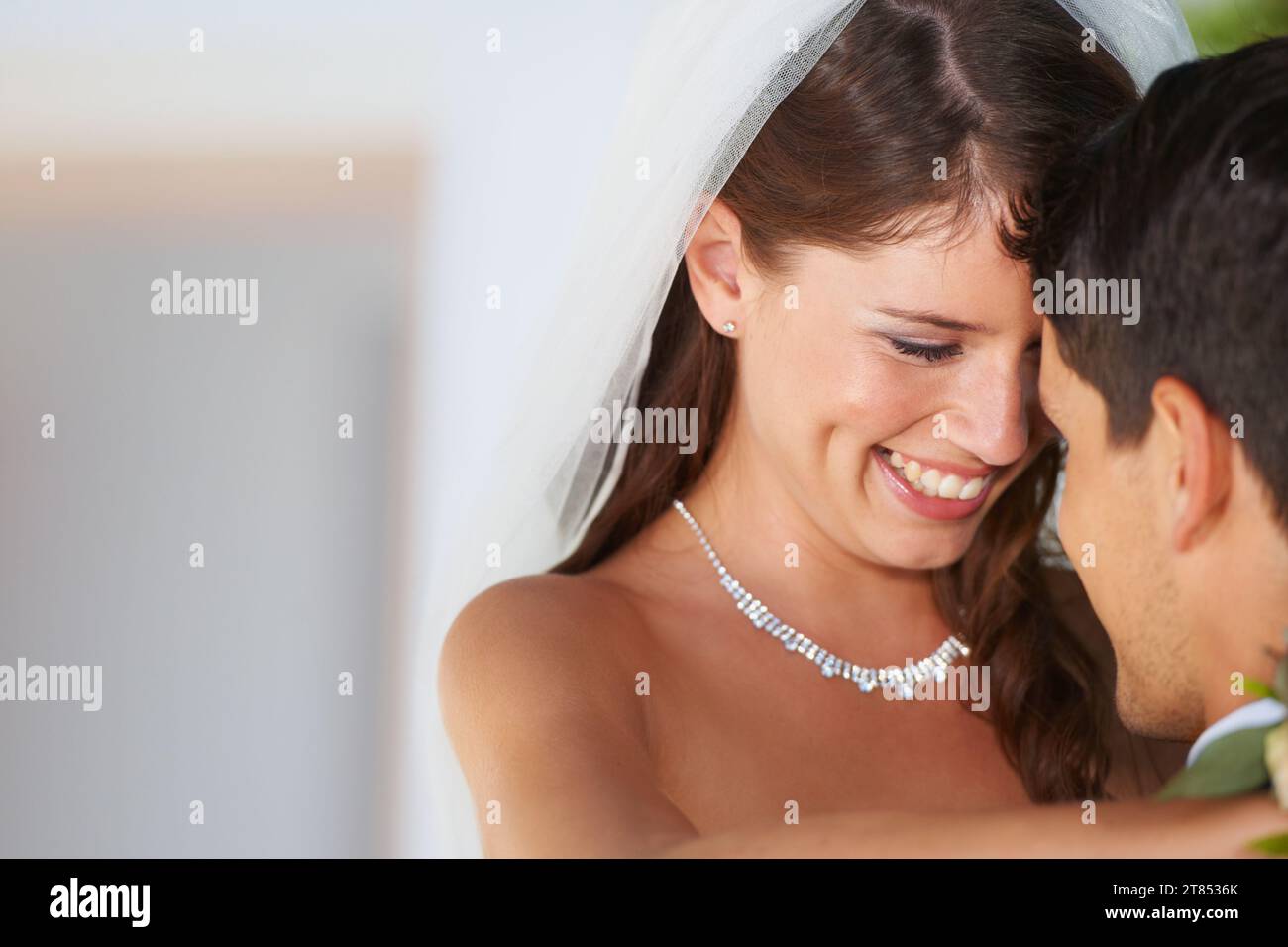 Romance, happy couple and hug at wedding with love, smile and ...