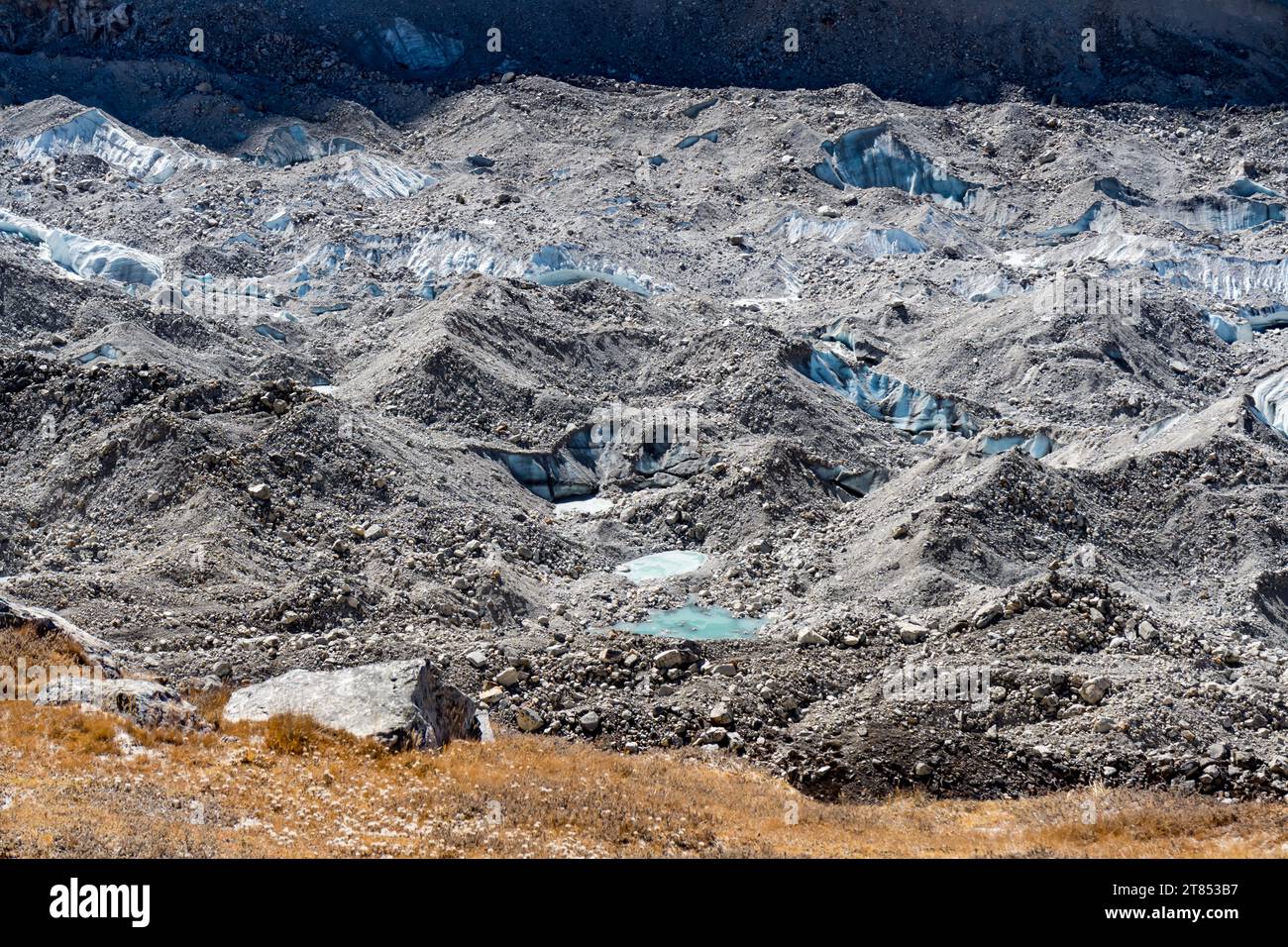 Permafrost Glacier with rocks and mud covered and small lake outbursts ...