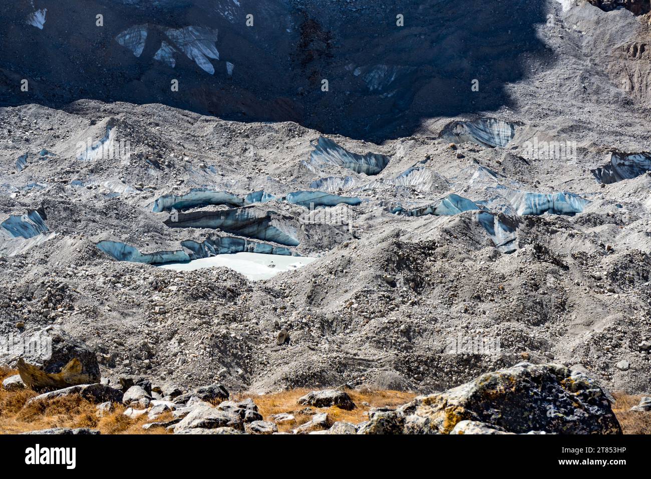 Permafrost Glacier with rocks and mud covered and small lake outbursts ...