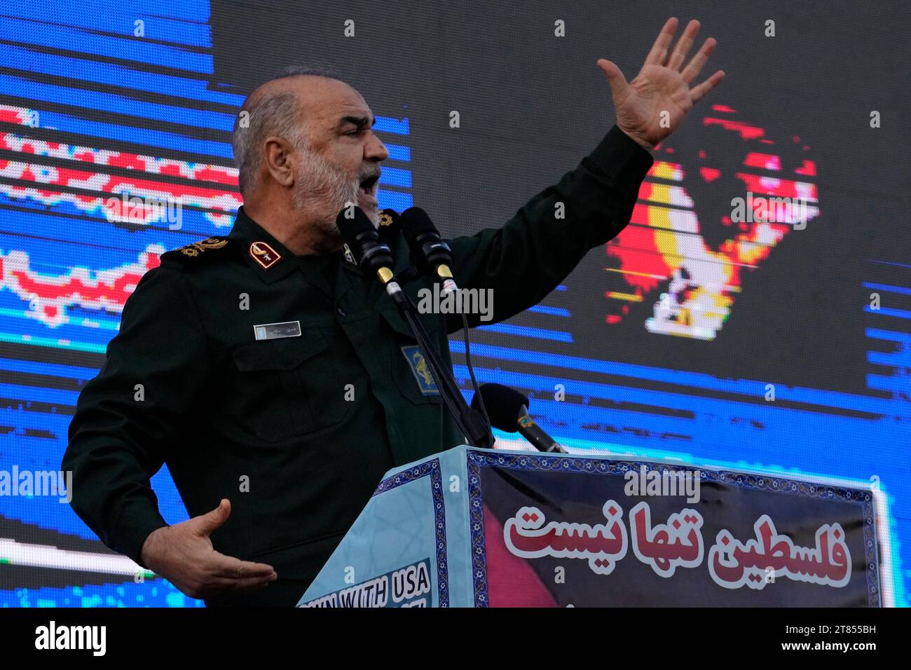Chief of Iran's Revolutionary Guard Hossein Salami addresses in a pro ...