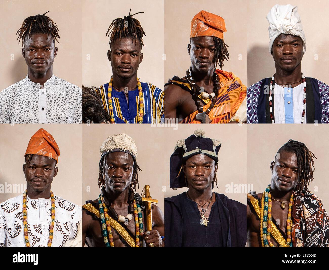 Collage of portraits of an African boy wearing different typical ethnic ...