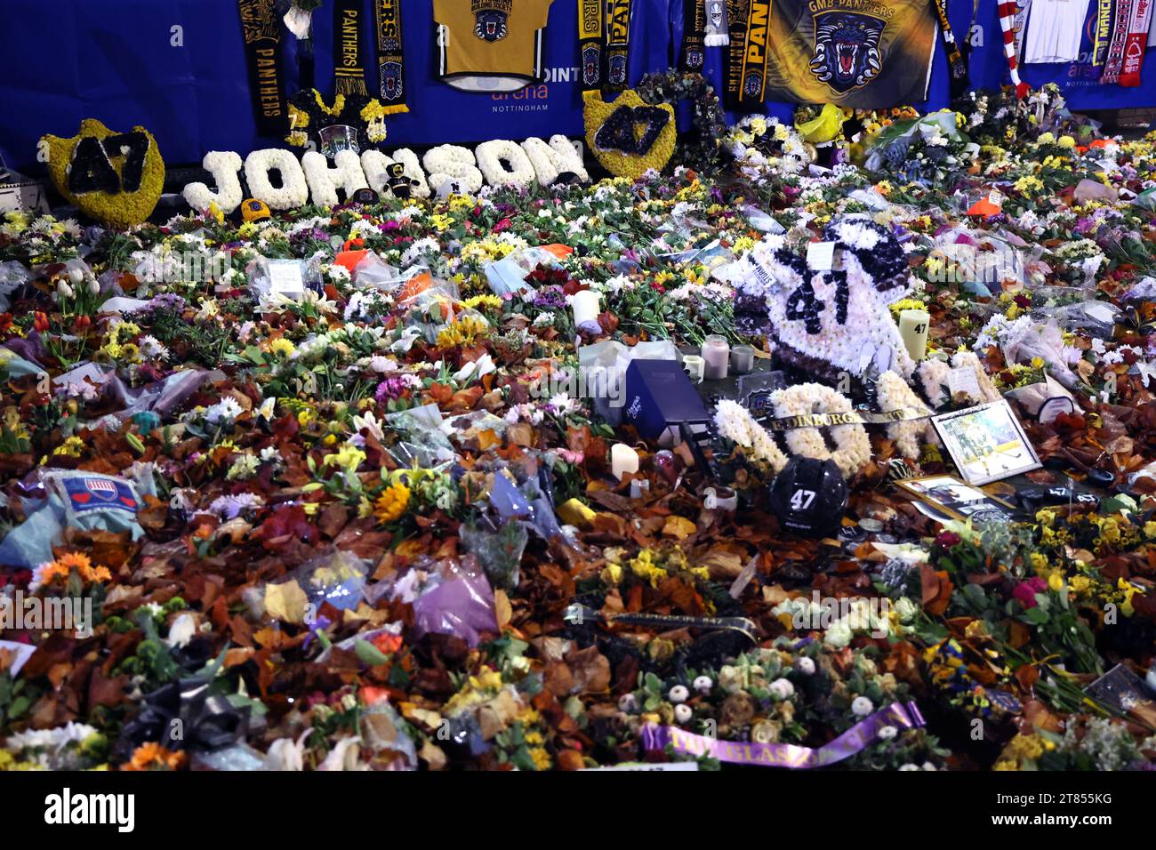 A general view of tributes to Nottingham Panthers' Adam Johnson ahead ...