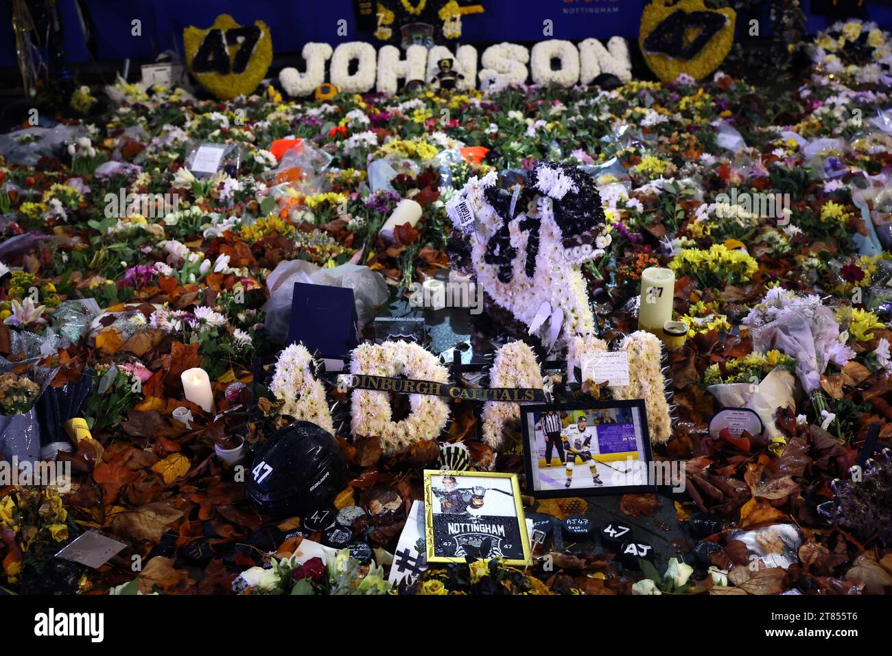 A general view of tributes to Nottingham Panthers' Adam Johnson ahead ...