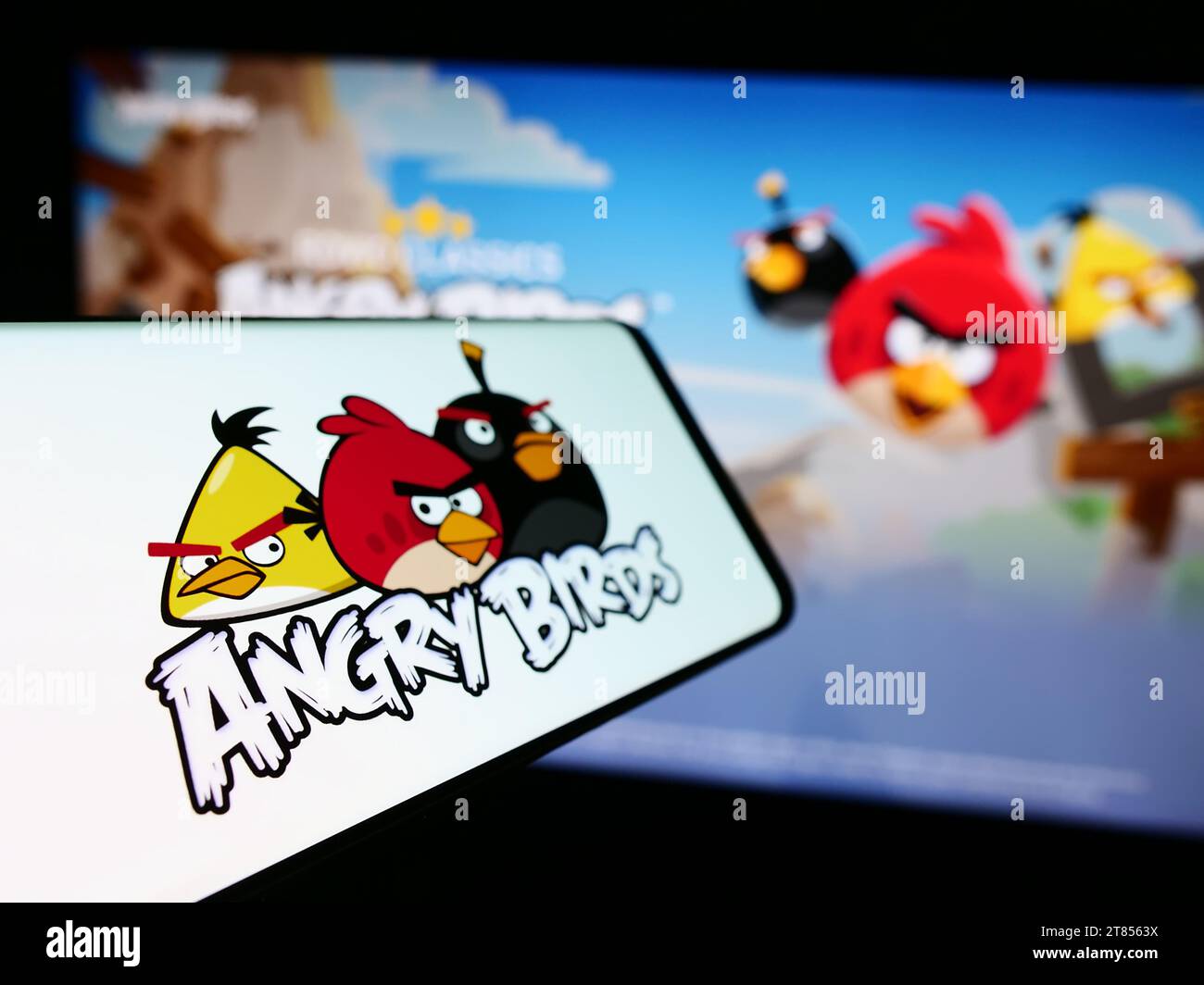 Smartphone with logo of artillery video game Angry Birds in front of ...
