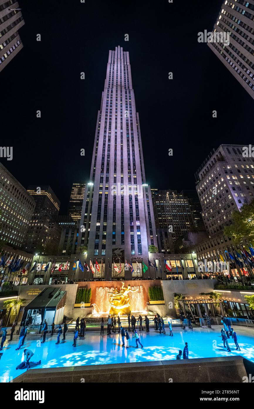 Image of Rockefeller Center,Top of the rock at night illuminated Stock ...