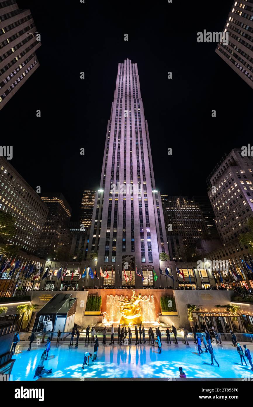 Image of Rockefeller Center,Top of the rock at night illuminated Stock ...