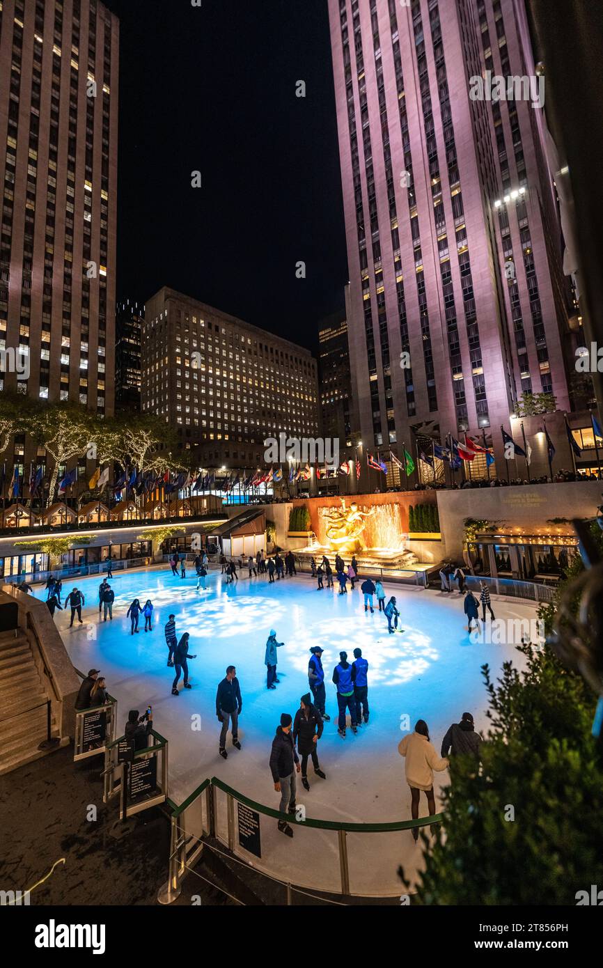 Image of Rockefeller Center,Top of the rock at night illuminated Stock ...