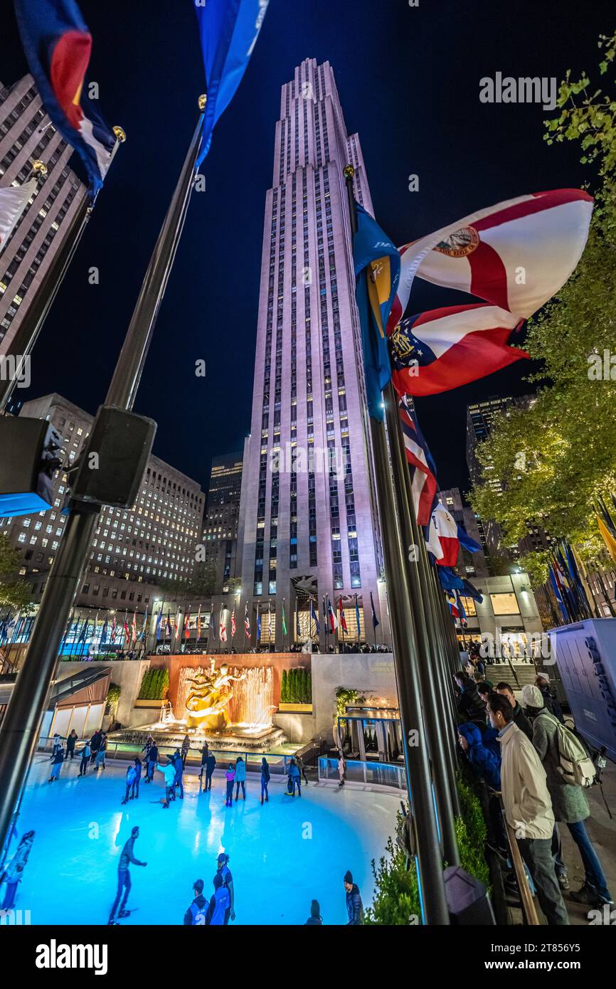 Image of Rockefeller Center,Top of the rock at night illuminated Stock ...