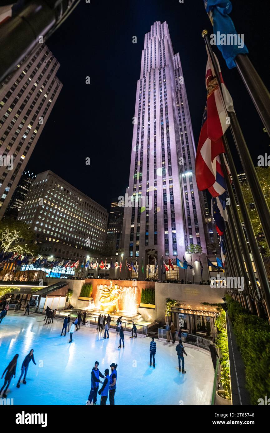 Image of Rockefeller Center,Top of the rock at night illuminated Stock ...