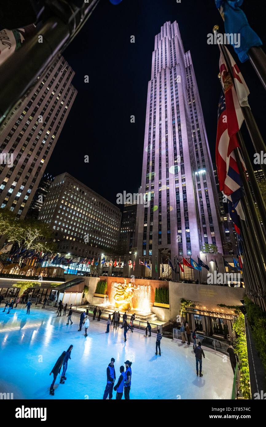 Image of Rockefeller Center,Top of the rock at night illuminated Stock ...