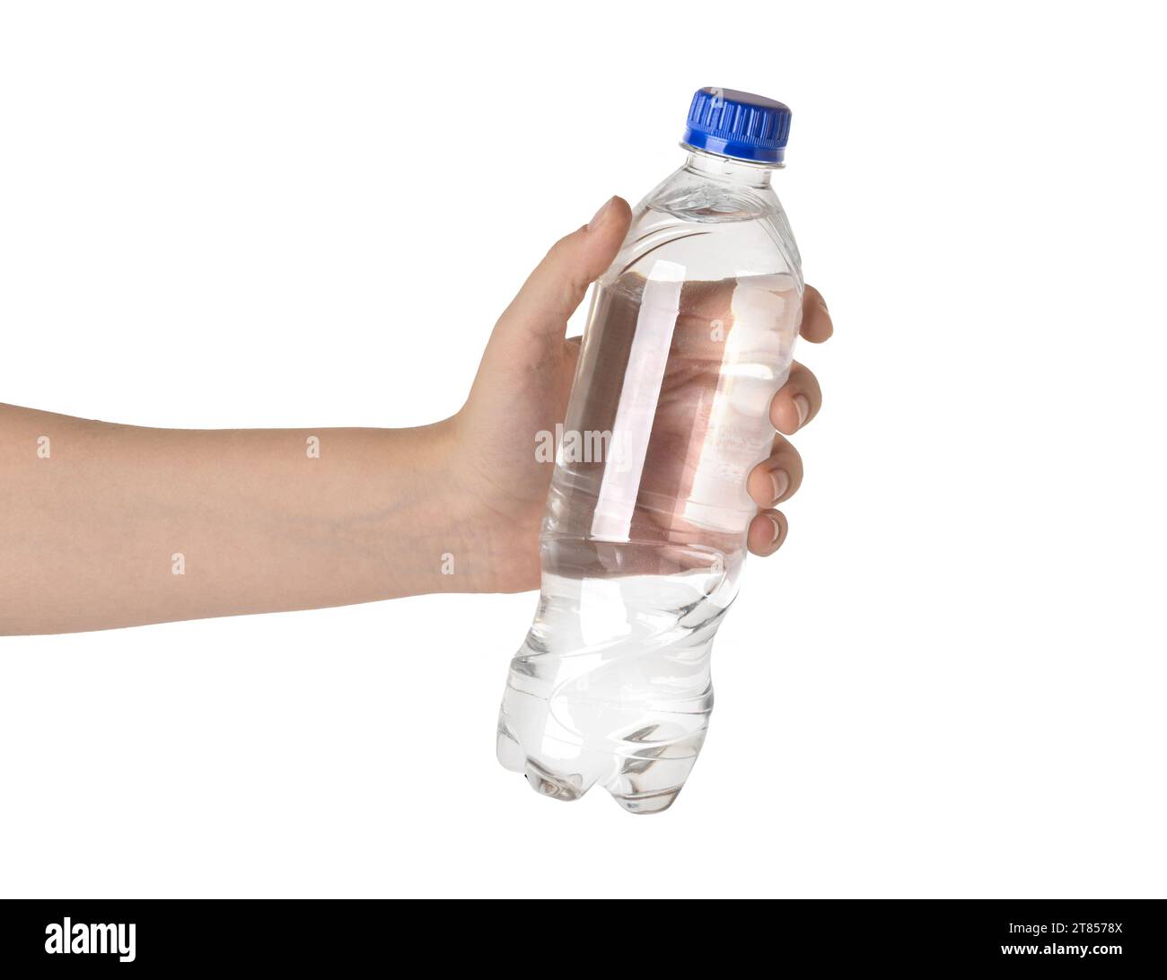 Young woman hand holding water bottle isolated on white background ...