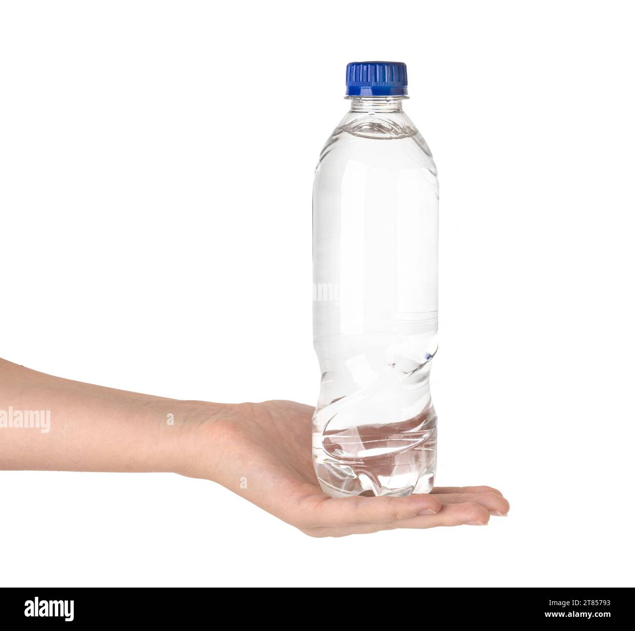 Young woman hand holding water bottle isolated on white background ...