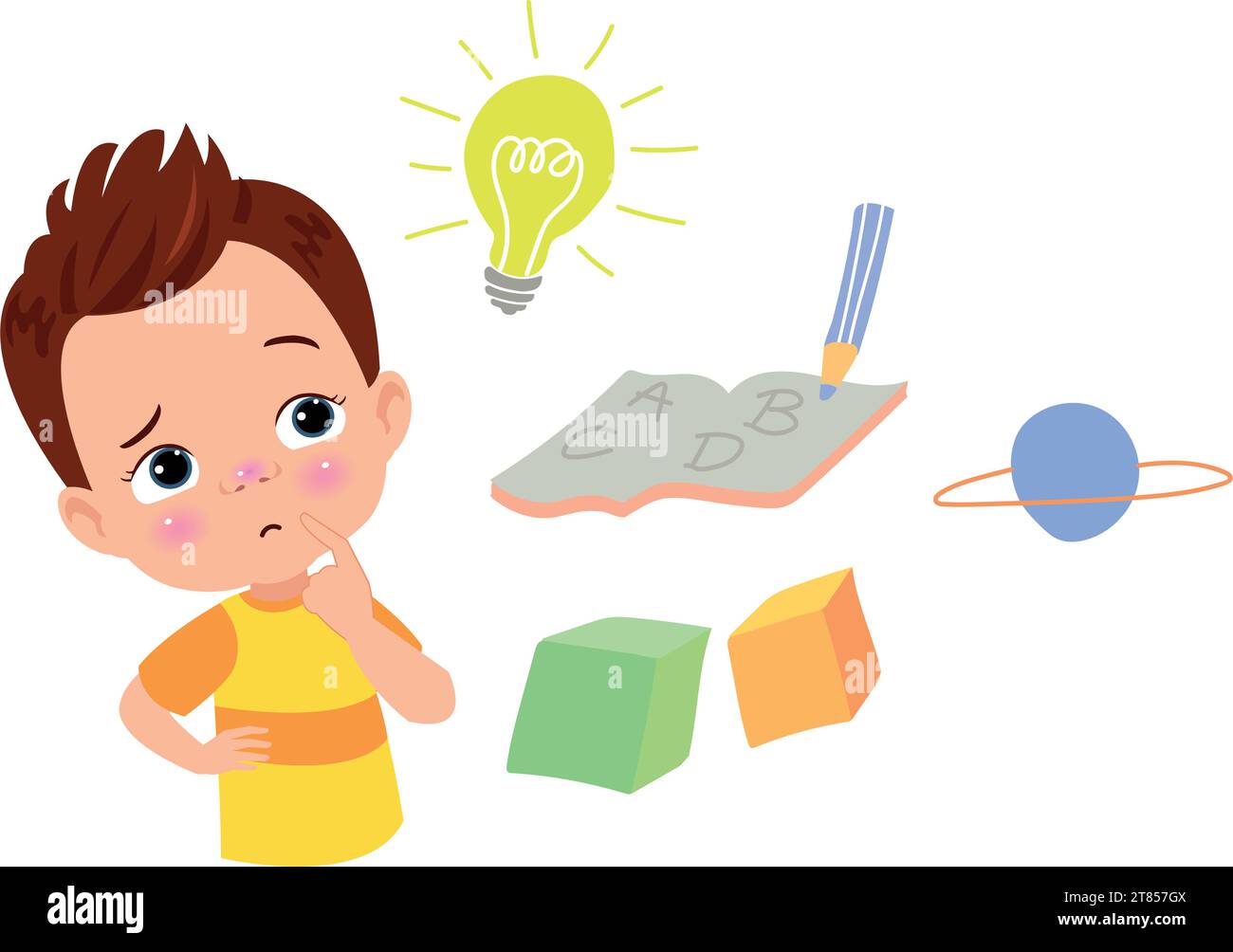 Cute little boy thinking and finding solution to problem. Vector ...