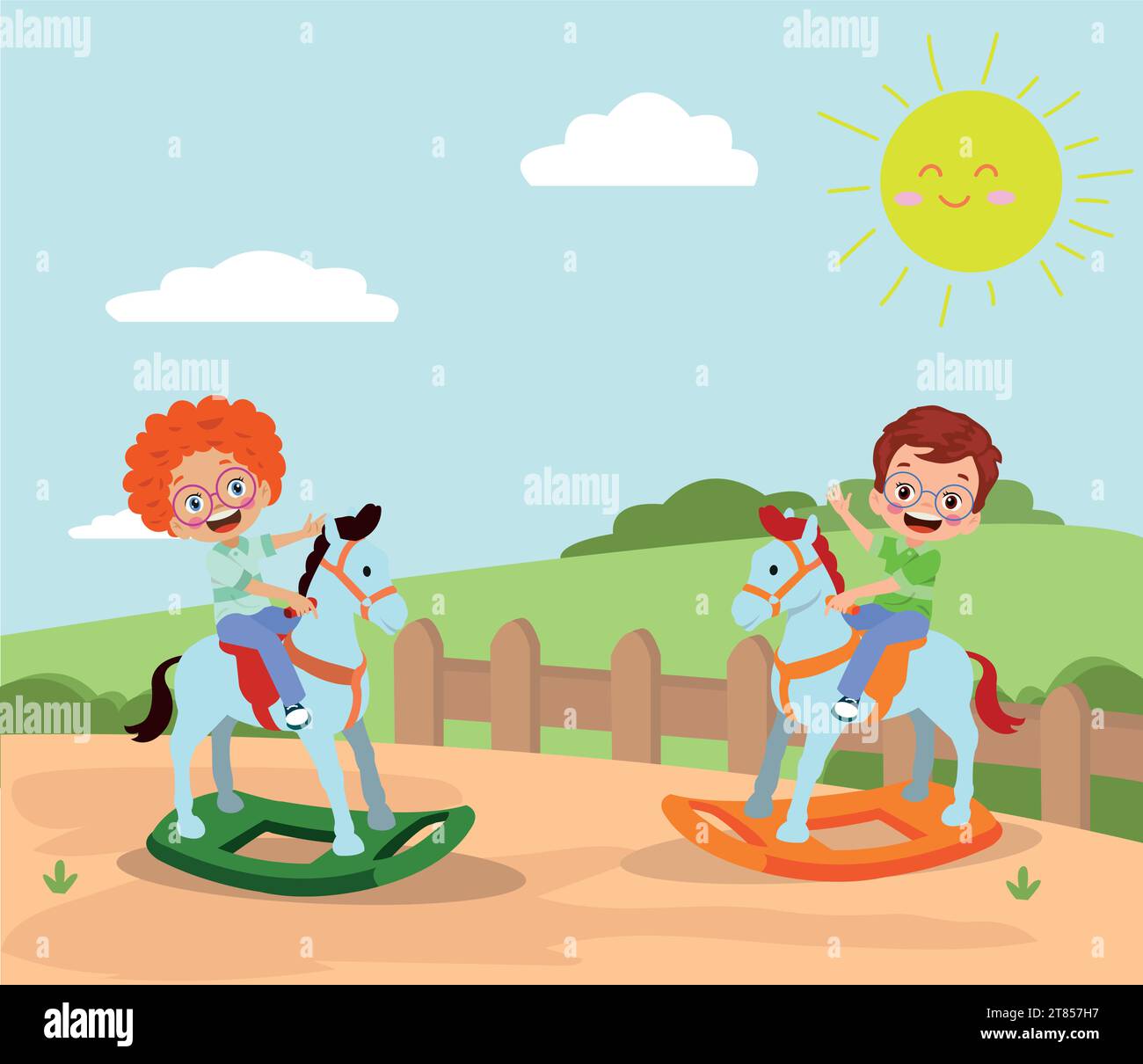 Children riding on a rocking horse in the park. Cartoon vector ...