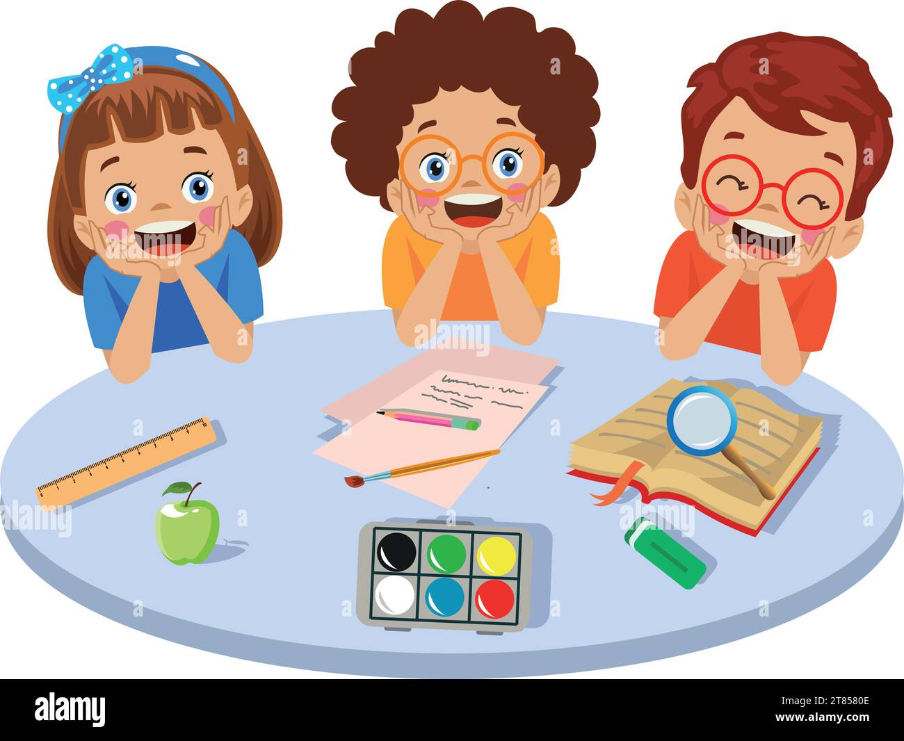 cute students around round table Stock Vector Image & Art - Alamy