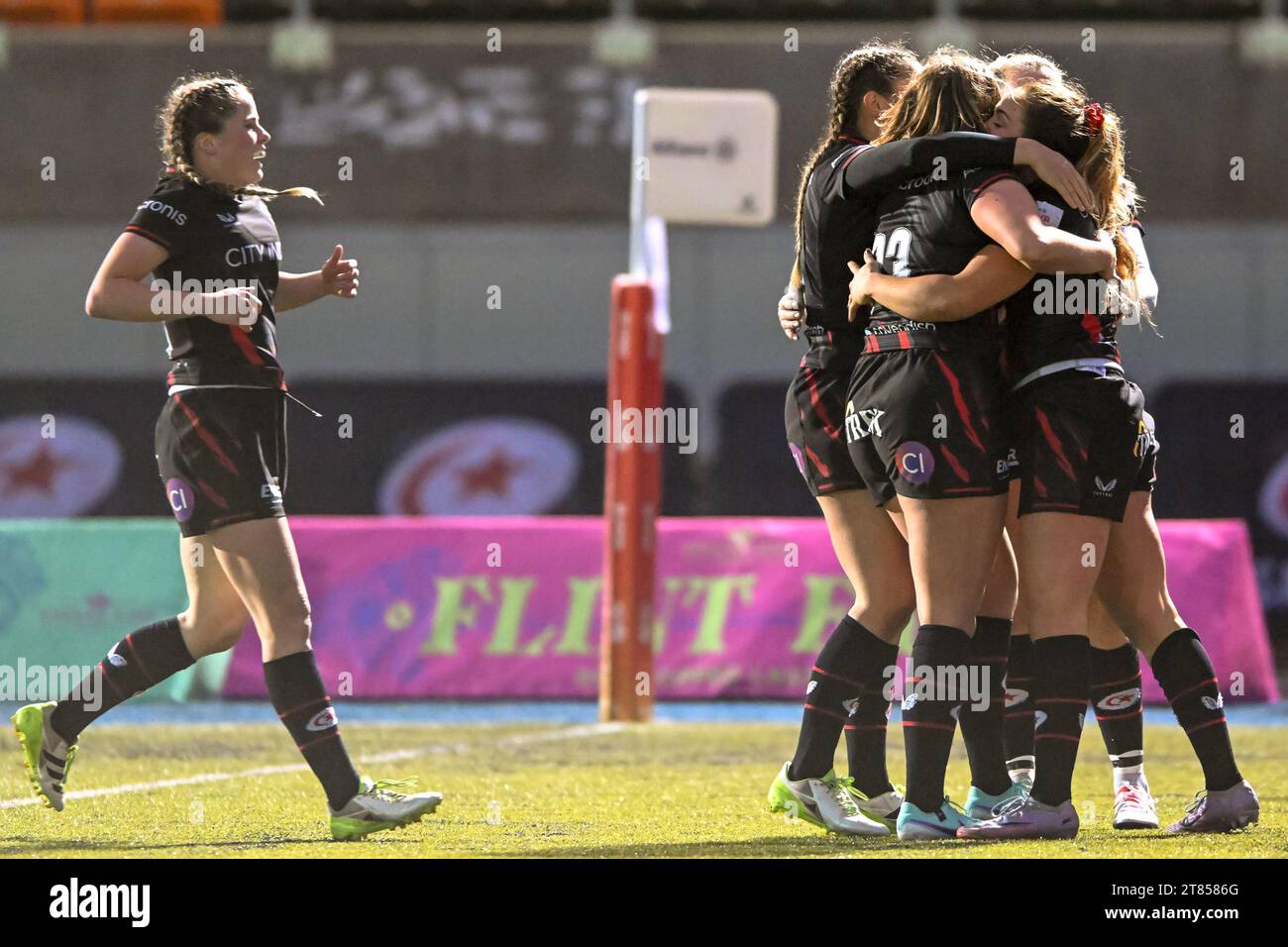 Sydney Gregson of Saracens Women runs in Saracens Women final try of ...