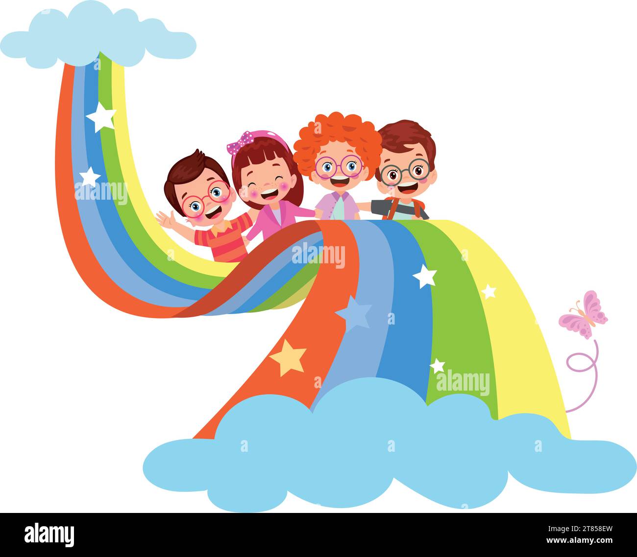 Happy kids on rainbow. Vector illustration isolated on a white ...