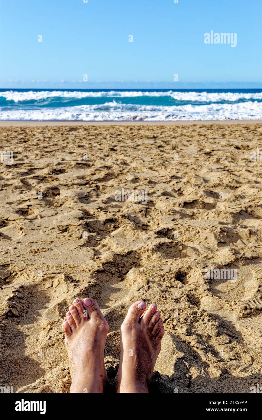 Travel Destination -Young woman feet on Playa de Cofete, Jandia ...