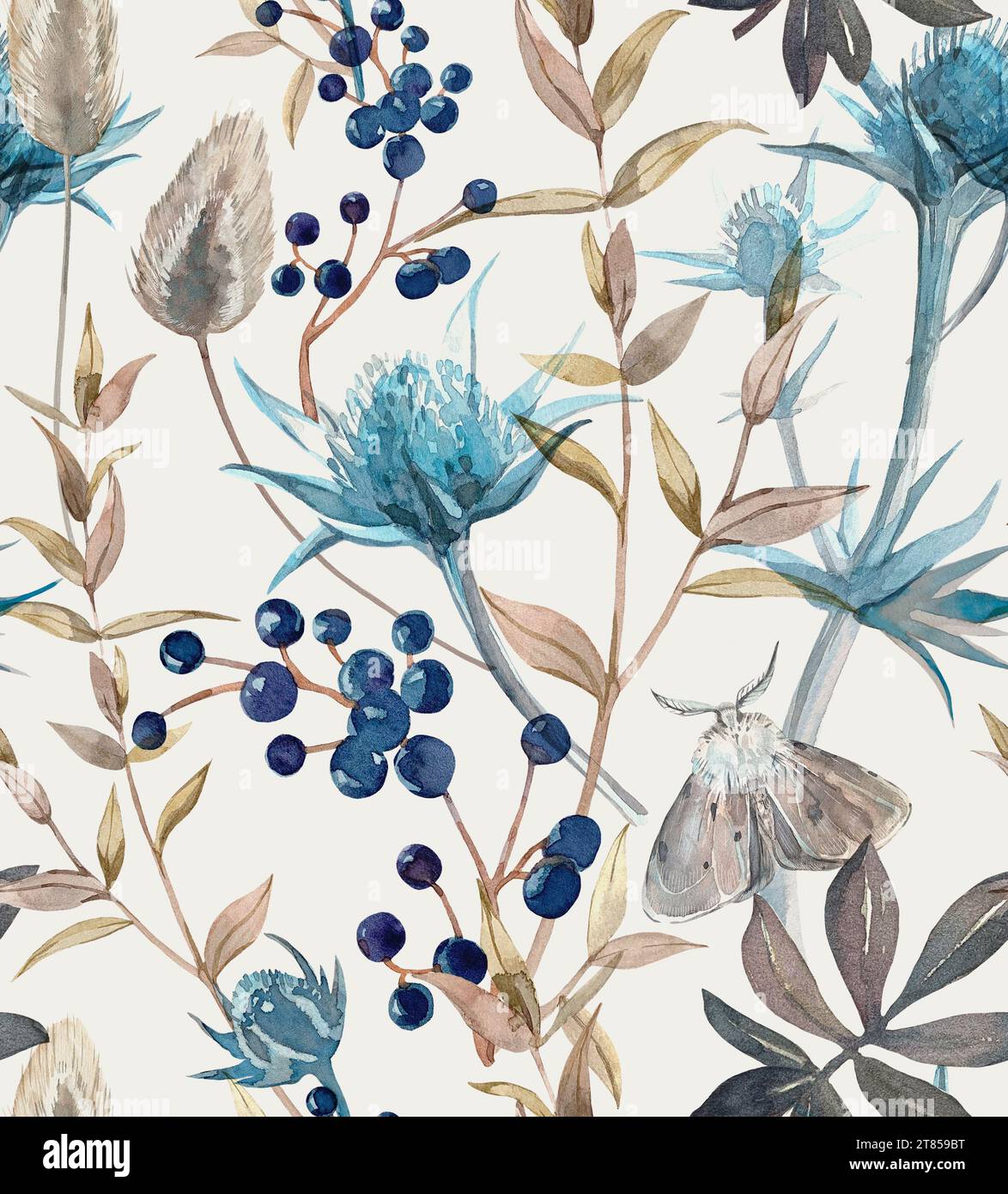 Botanical seamless pattern with eryngium, eucalyptus, viburnum, lagurus ...