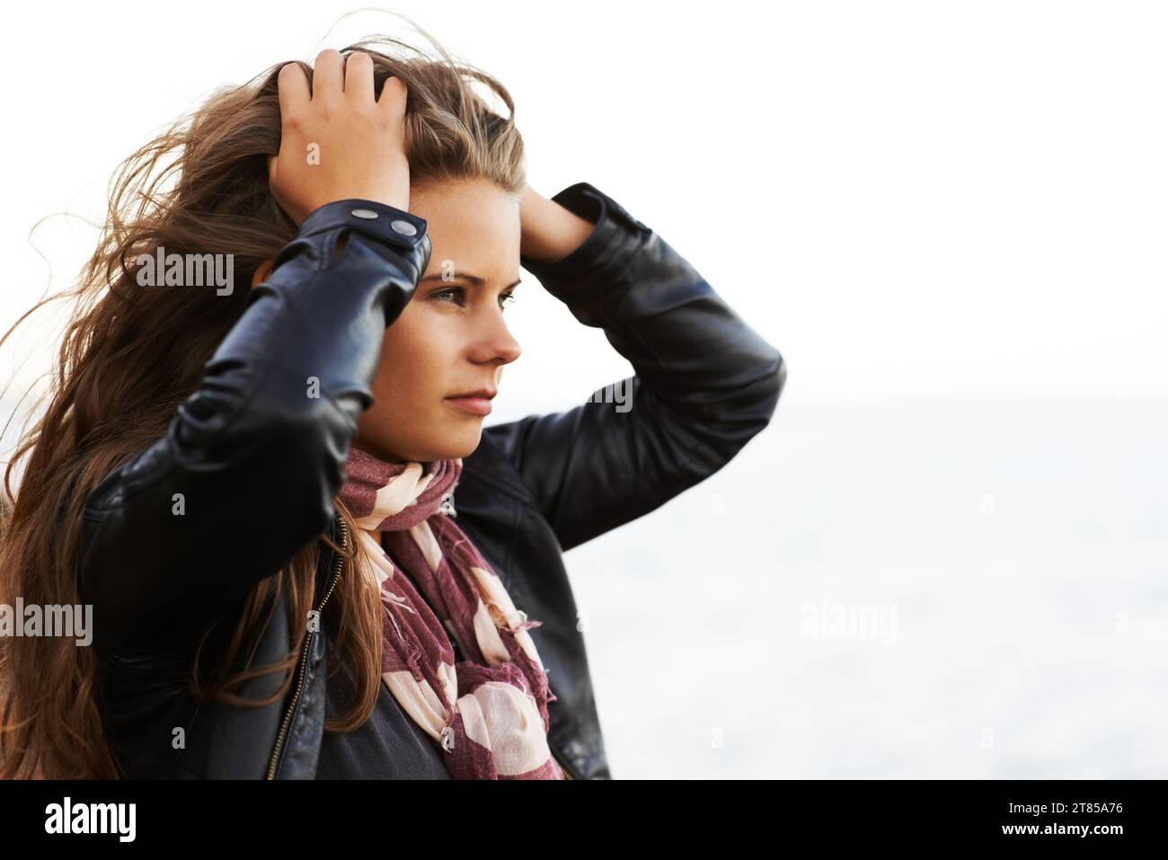 Face, thinking and regret with a woman outdoor in the fresh air for ...