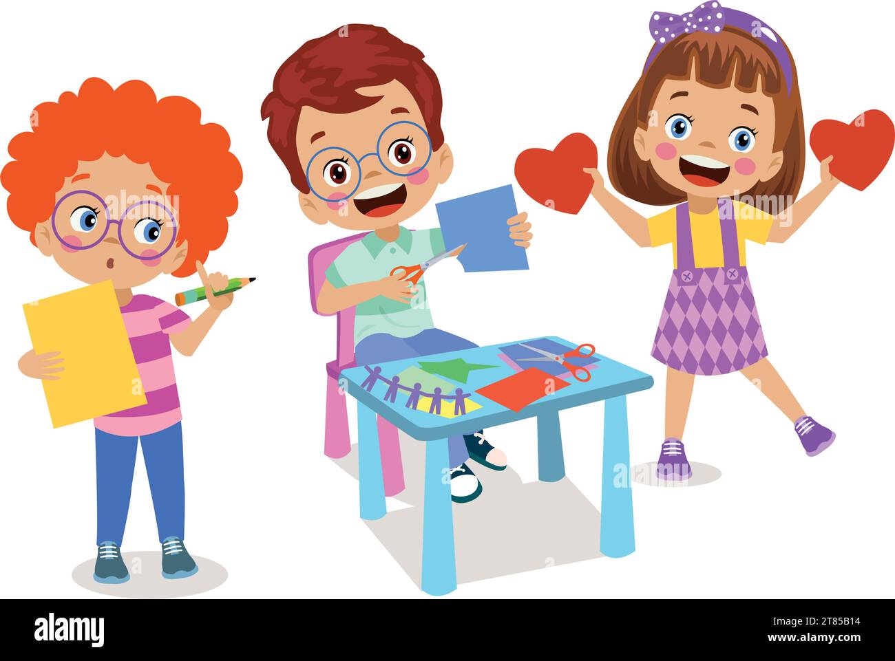 cute boy painting and cutting colorful craft papers Stock Vector Image ...