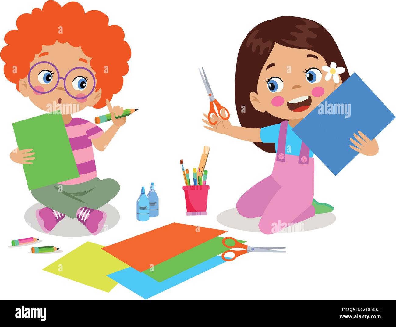 cute boy painting and cutting colorful craft papers Stock Vector Image ...