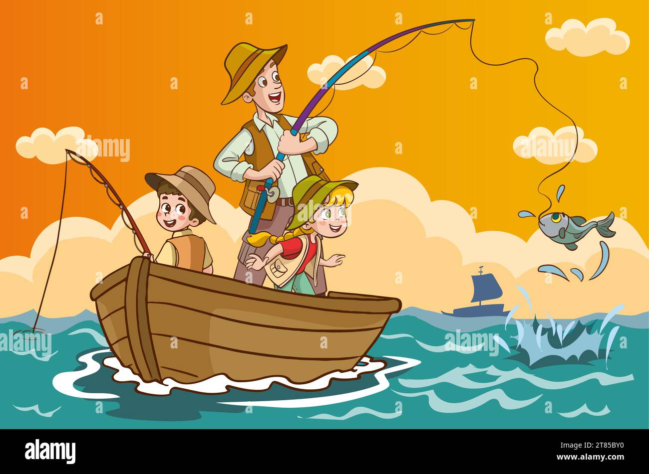 vector illustration of father and kids fishing Stock Vector Image & Art ...