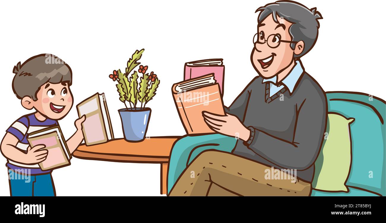 vector illustration of father and kids talking.cute kids asking ...