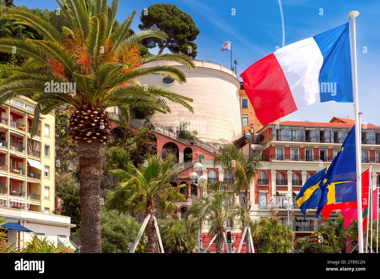 Flags on Promenade des Anglais in Nice, French Riviera, France Stock ...