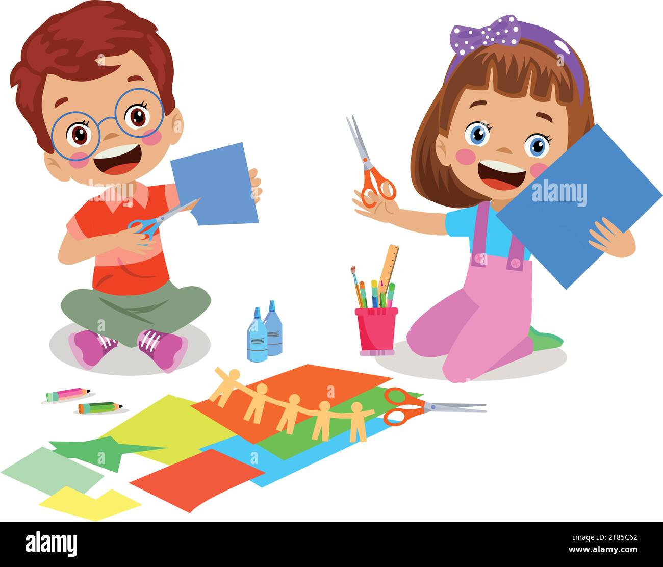 cute boy painting and cutting colorful craft papers Stock Vector Image ...