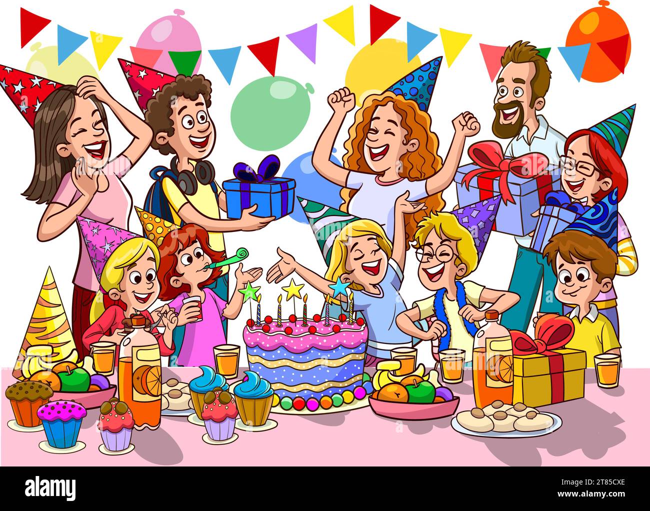 Cartoon kids party poster with big table sweets and gifts in birthday ...
