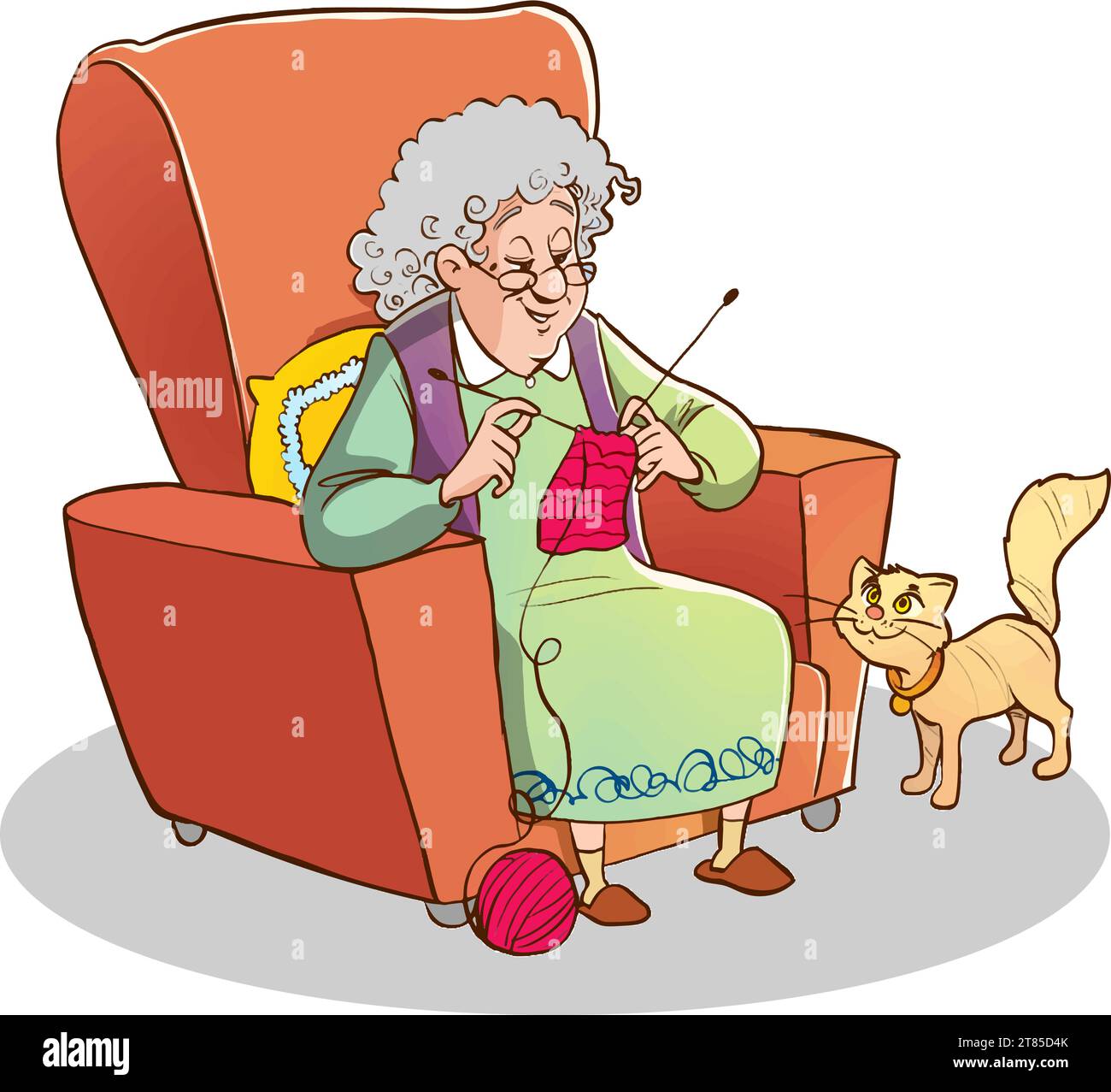 Grandma Knitting Sitting On Sofa Vector Illustration Stock Vector Image