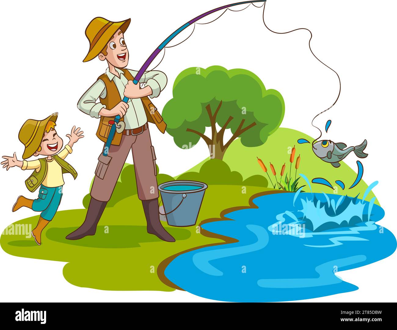 vector illustration of father and kids fishing Stock Vector Image & Art ...