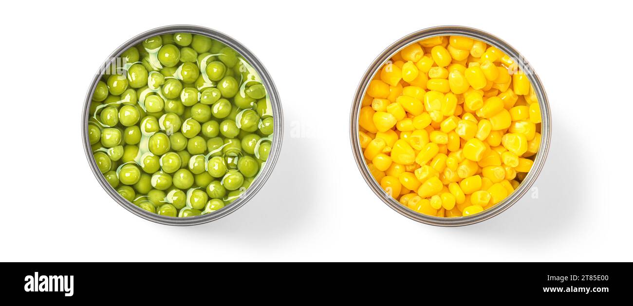 Green peas and sweet corn canned isolated on whitet background., Green ...
