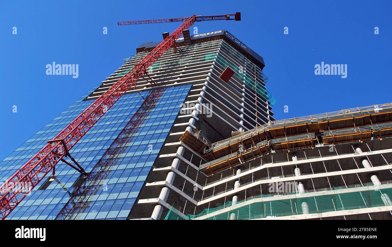 View of a skyscraper under construction. Modern architecture background ...