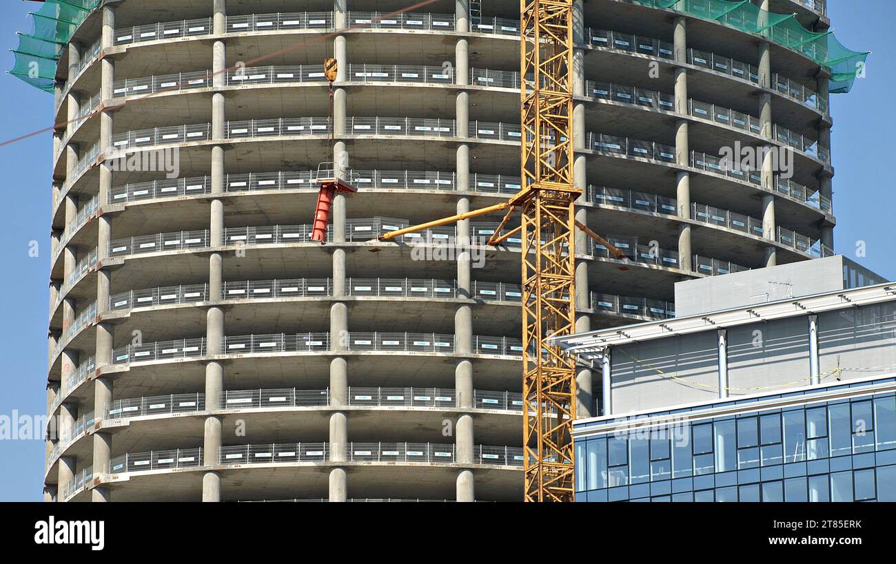 View of a skyscraper under construction. Modern architecture background ...
