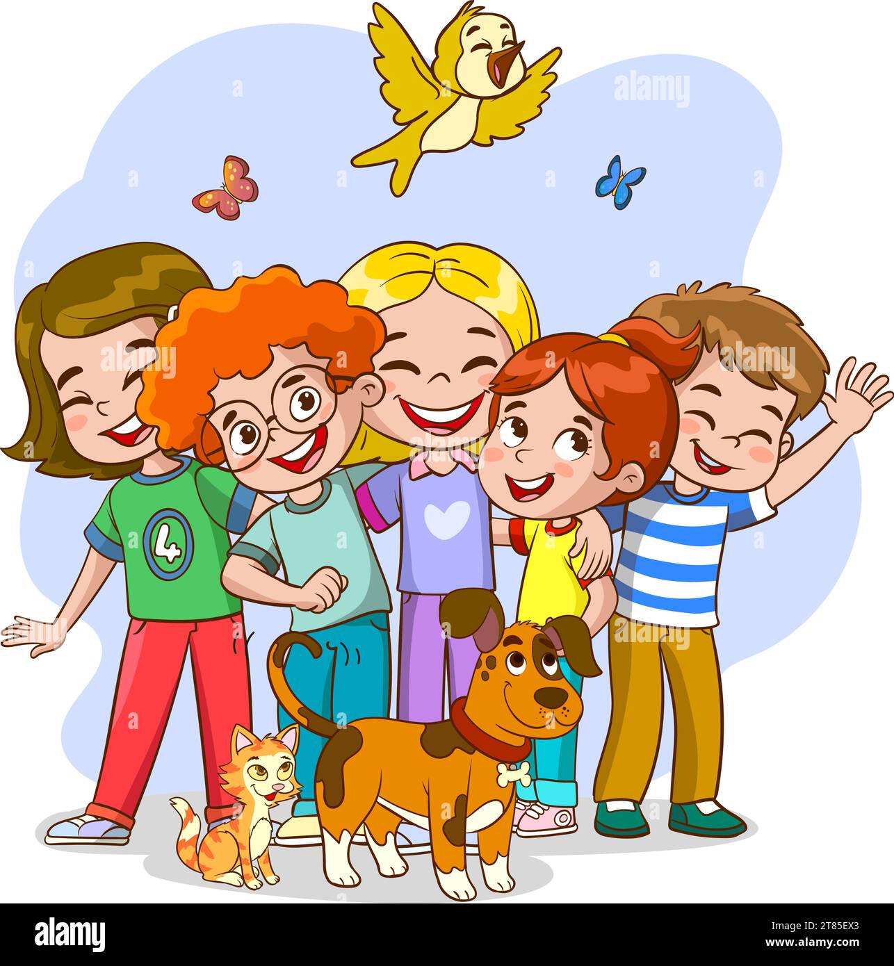 Cute happy kids hugging, smiling, standing together. Diverse children ... Cute happy kids hugging, smiling, standing together. Diverse children ...