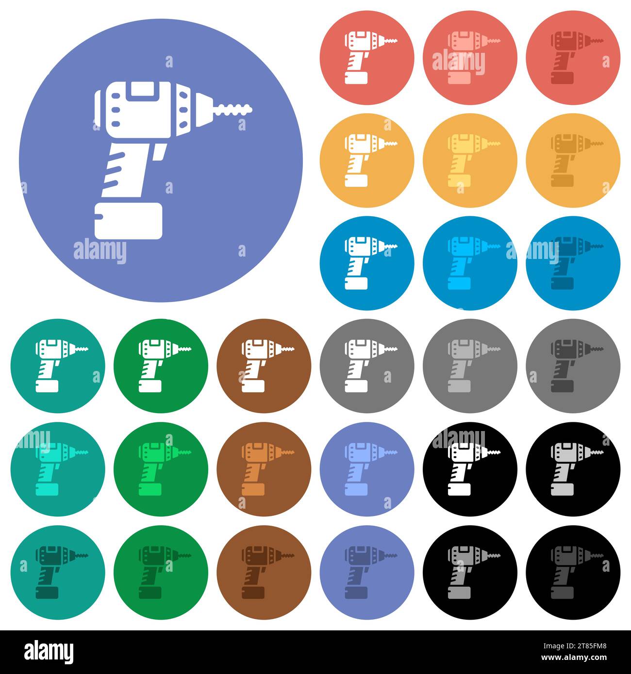Cordless drill multi colored flat icons on round backgrounds. Included ...