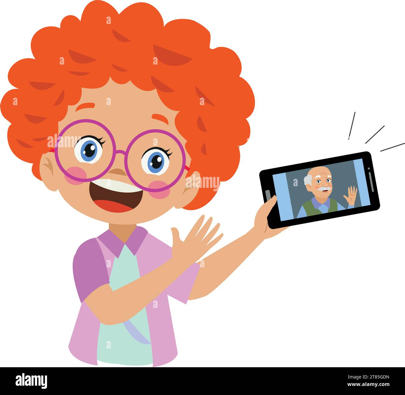 Video Conference. Cute little Kid using tablet for video call with ...