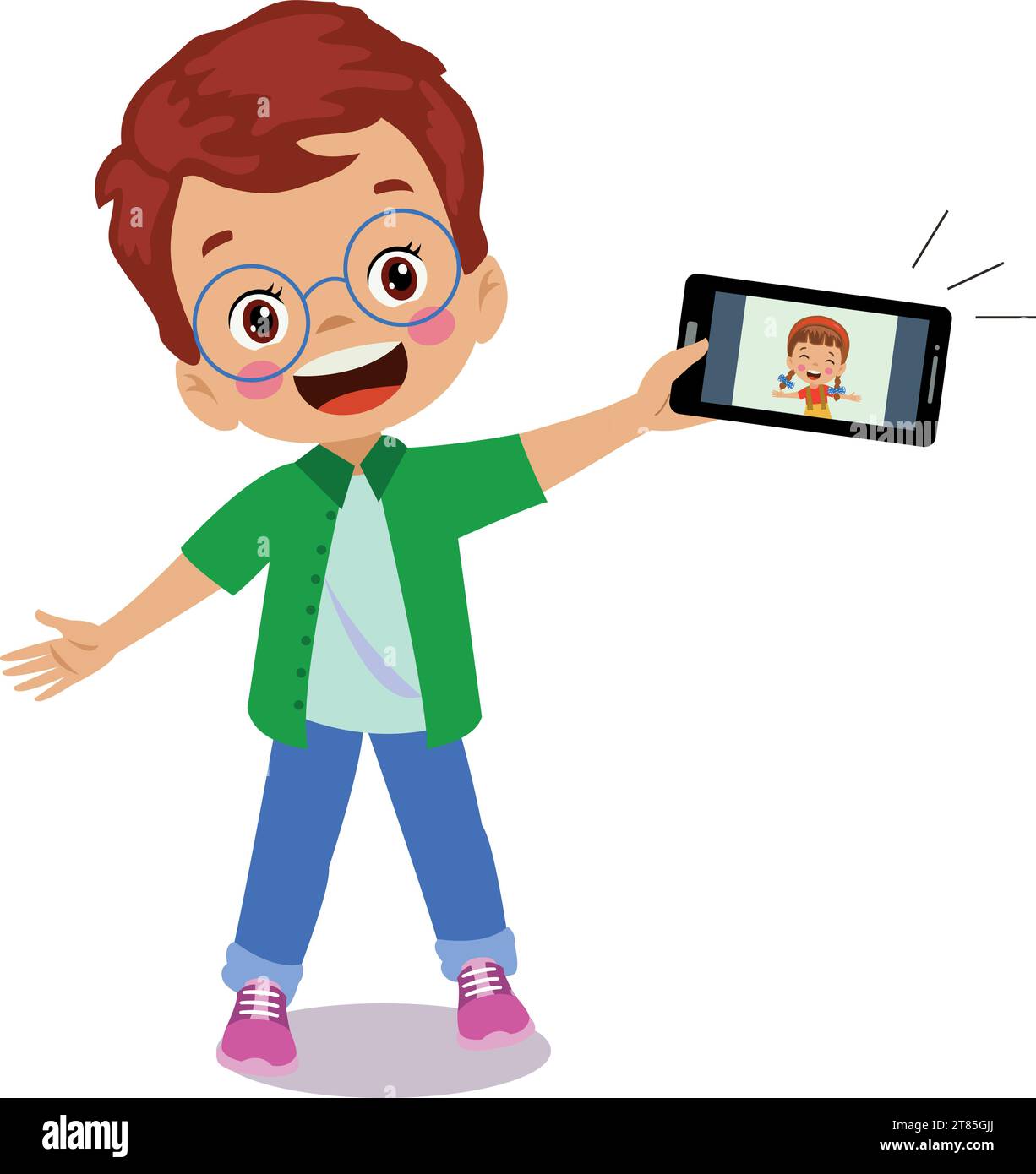 Video Conference. Cute little Kid using tablet for video call with ...