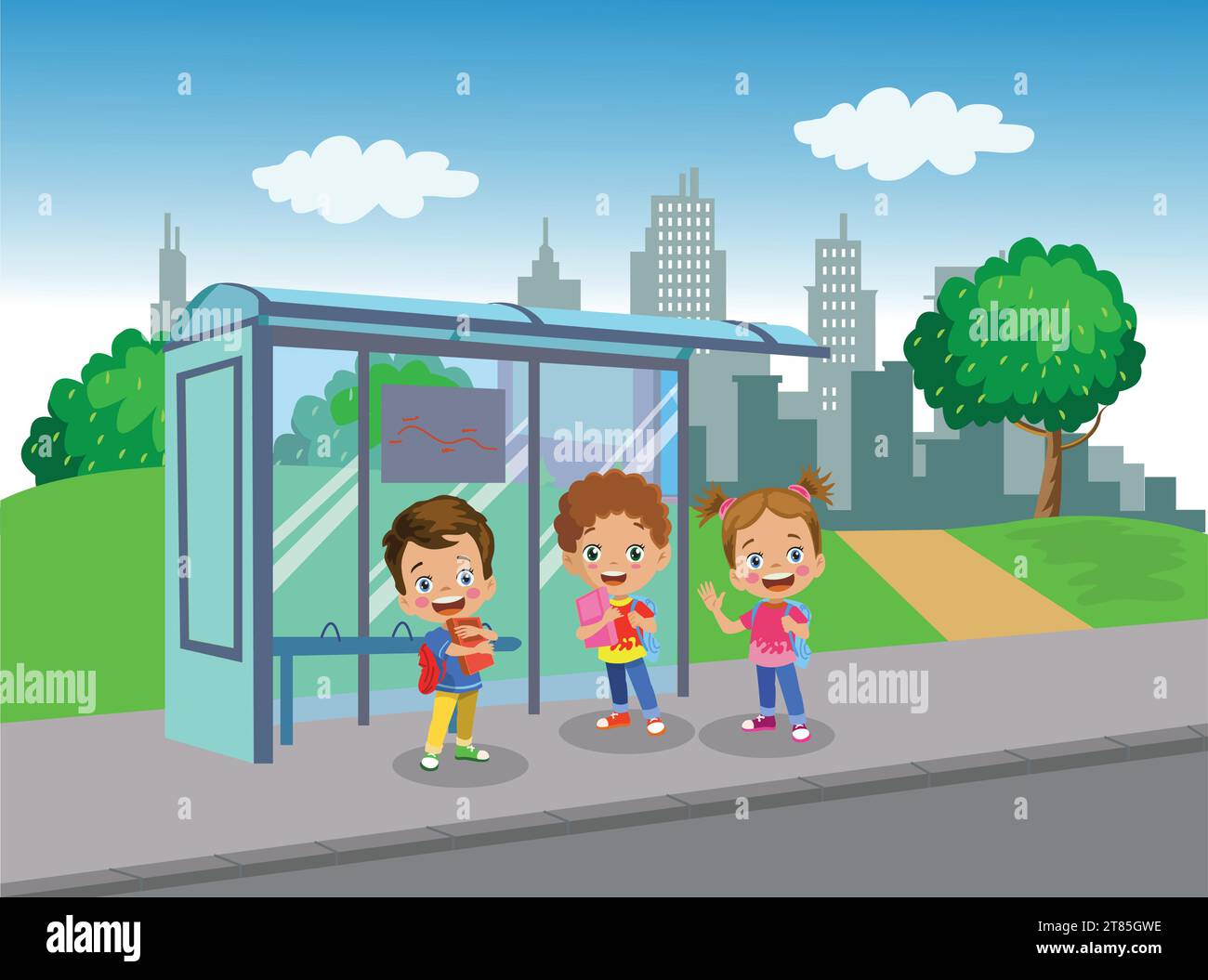 Happy Students Waiting For The Bus At The Bus Stop To Go To School ...