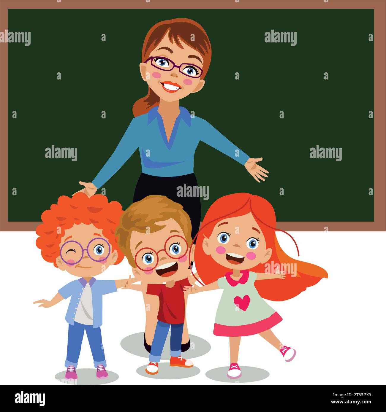 cute teacher and students teaching in front of classroom lesson board ...