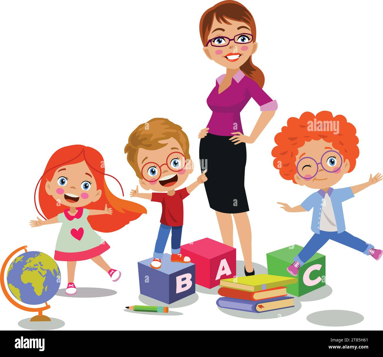 cute teacher and students teaching in front of classroom lesson board ...