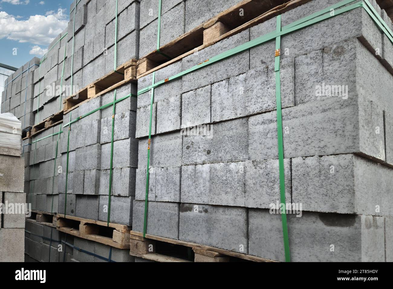Concrete block on pallets on a construction outdoor store. Big grey ...
