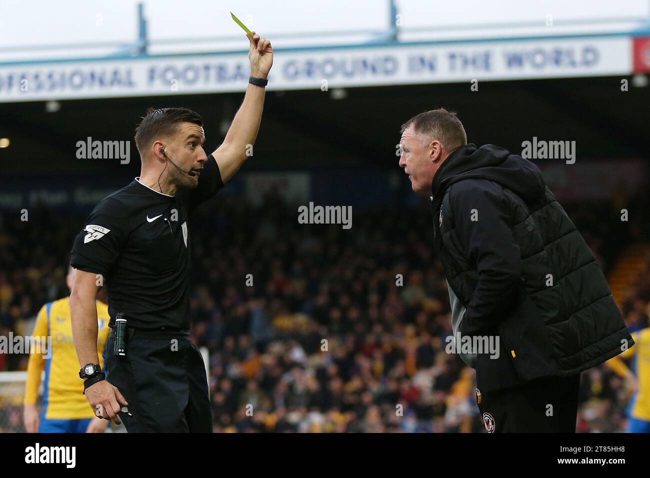 Newport CountyÕs manager Graham Coughlan is shown a Yellow card by ...