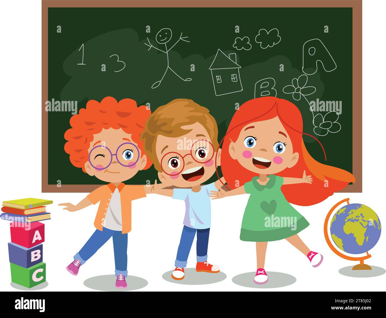 cute happy friends hugging students in front of classroom lesson board ...
