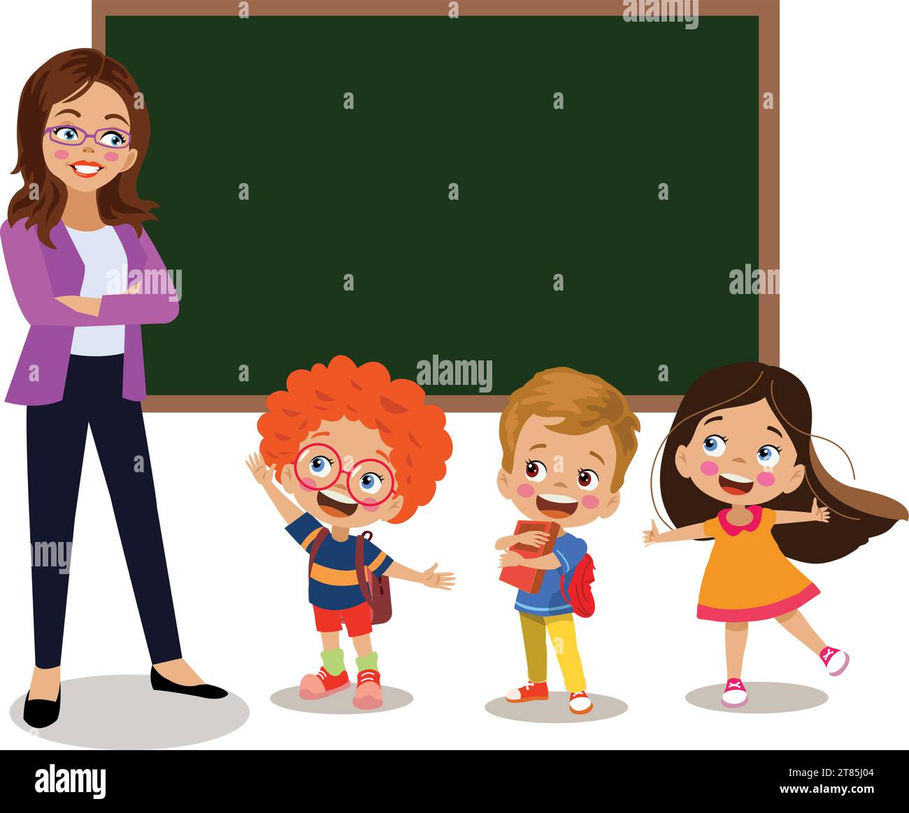 cute teacher and students teaching in front of classroom lesson board ...