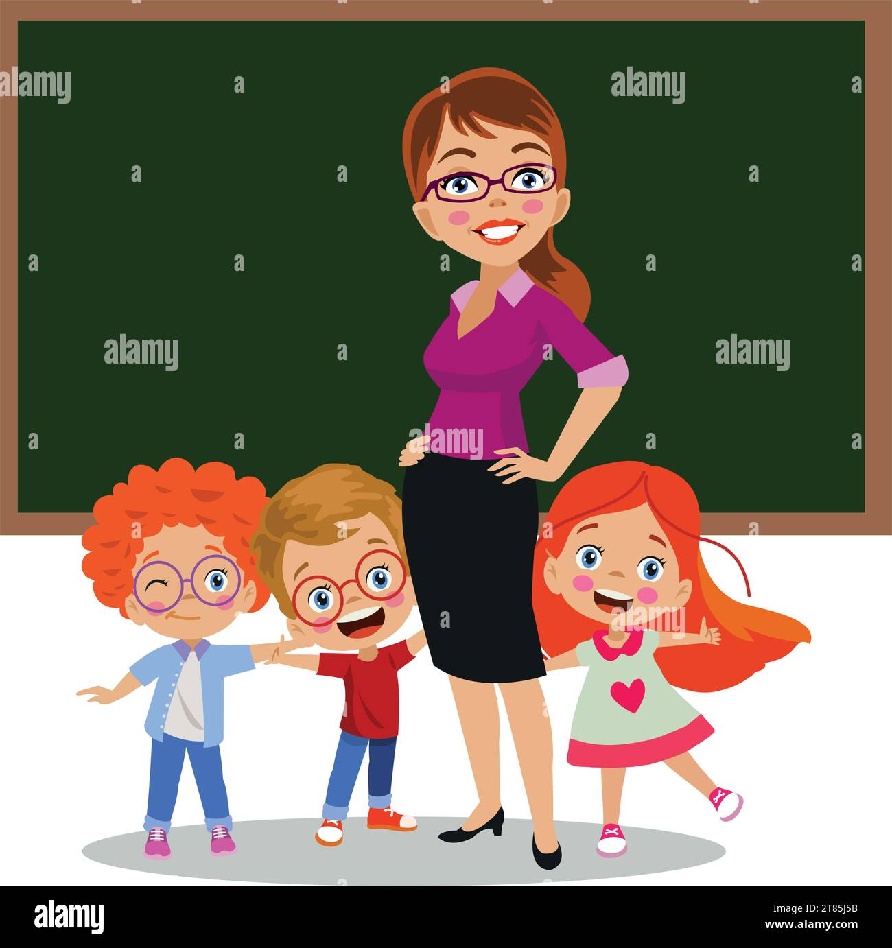 cute teacher and students teaching in front of classroom lesson board ...